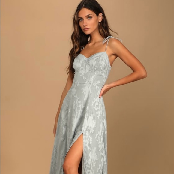 Lulus Dresses Loveliest Looks Dusty Blue Floral Jacquard Tiestrap